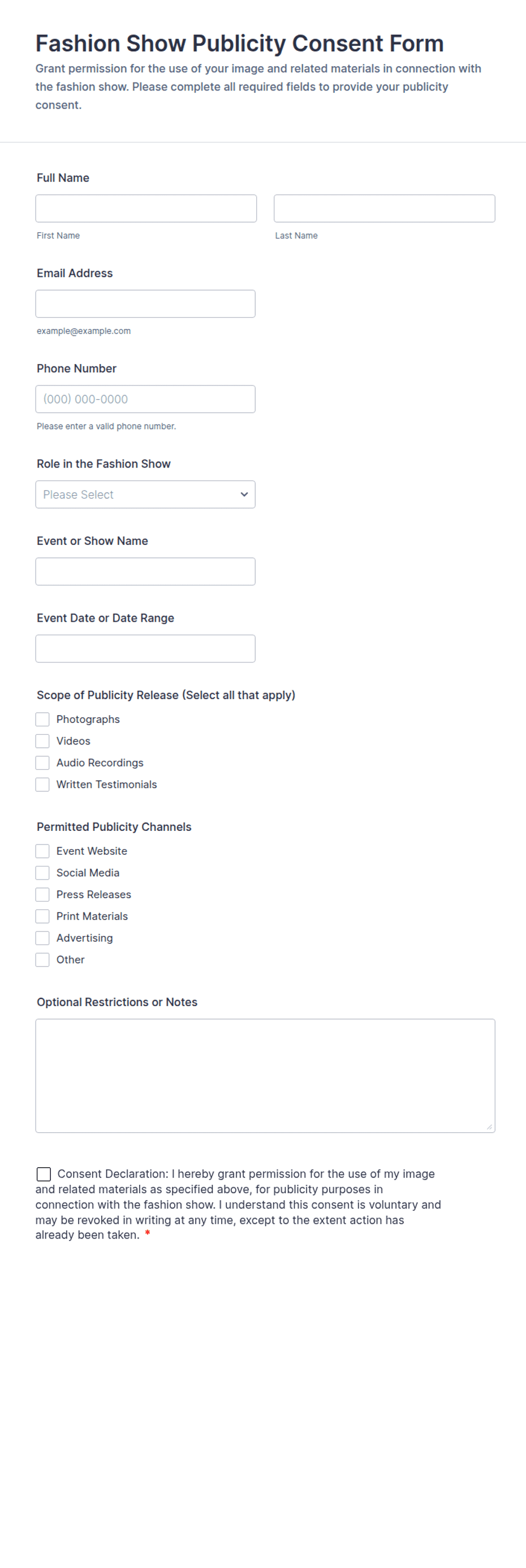 Fashion Show Publicity Consent Form Template | Jotform