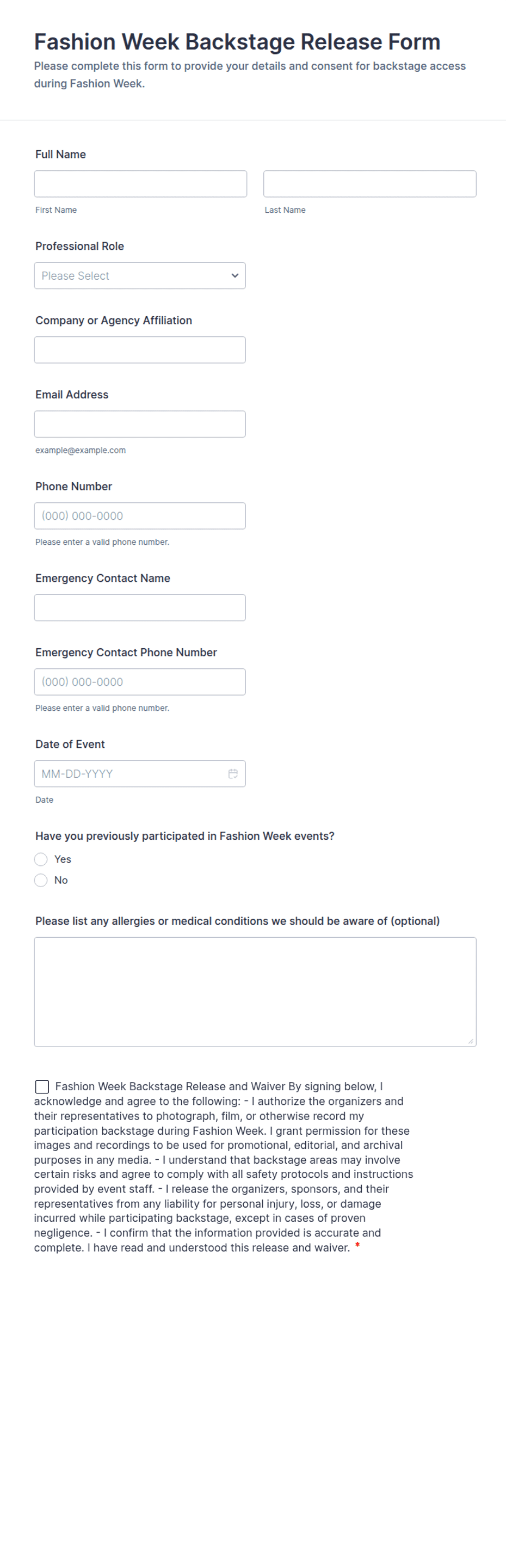 Fashion Week Backstage Release Form Template | Jotform