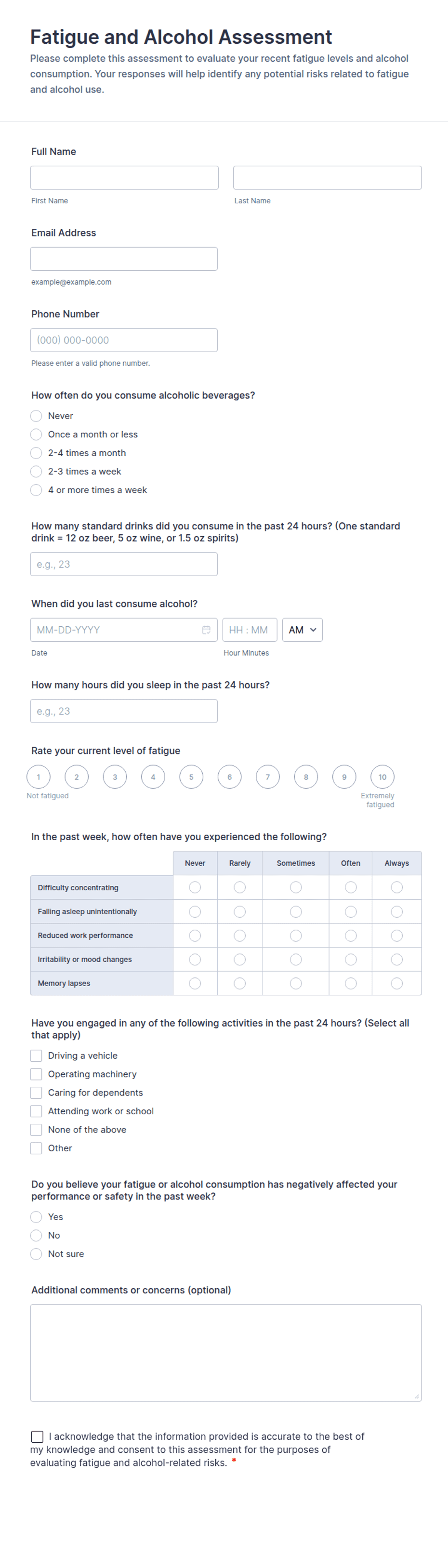 Fatigue and Alcohol Assessment Form Template | Jotform