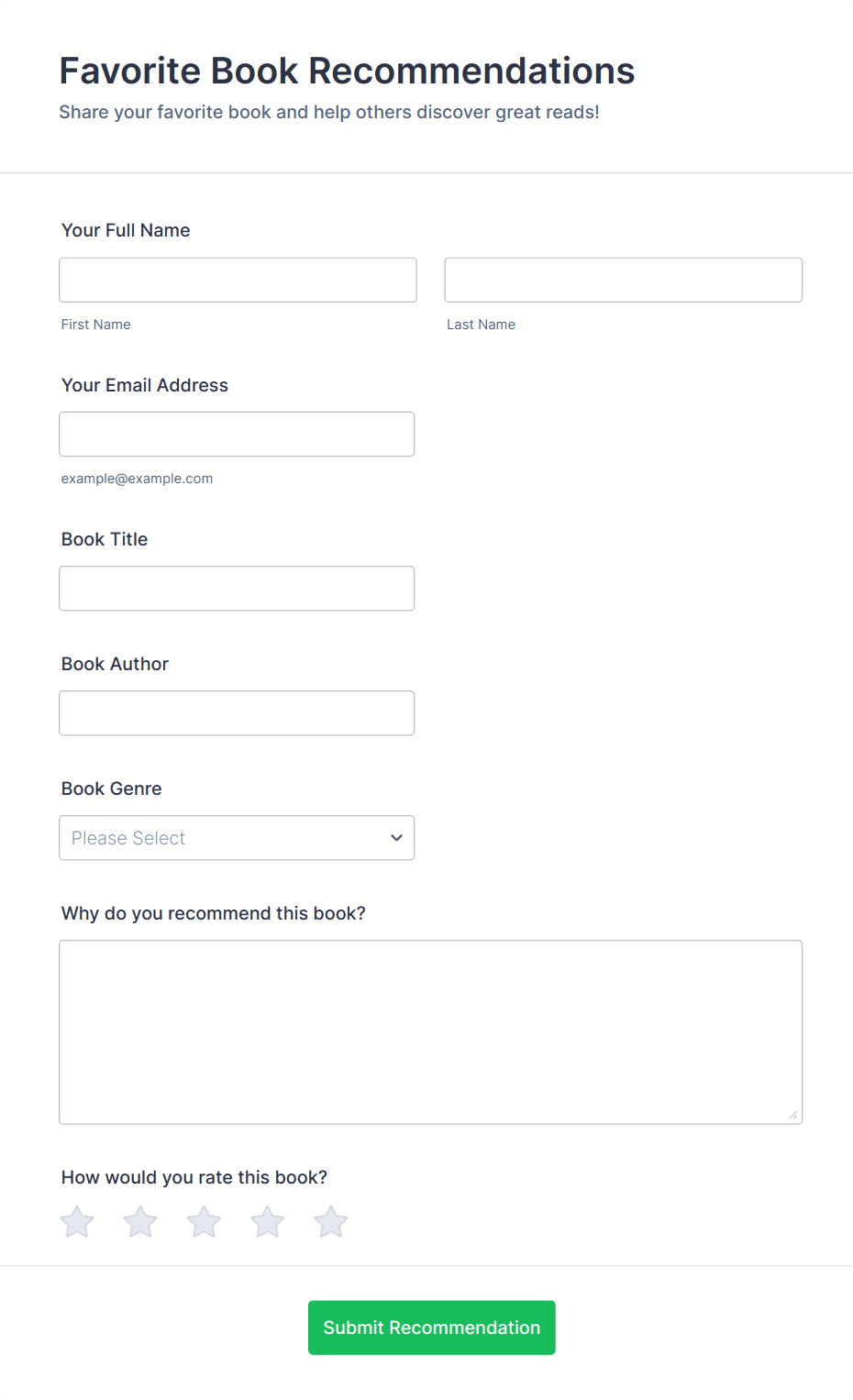 Favorite Book Recommendations Form Template | Jotform