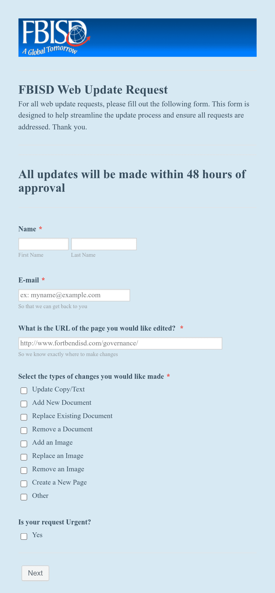 FBISD Web updates Form Template | Jotform