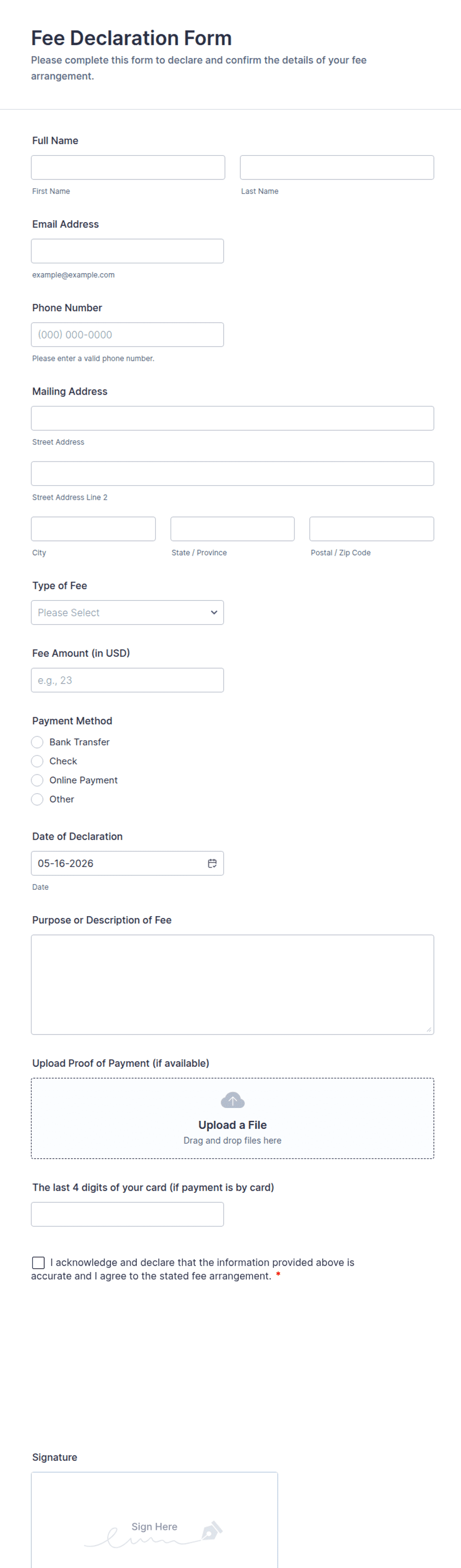 Fee Declaration Form Template | Jotform
