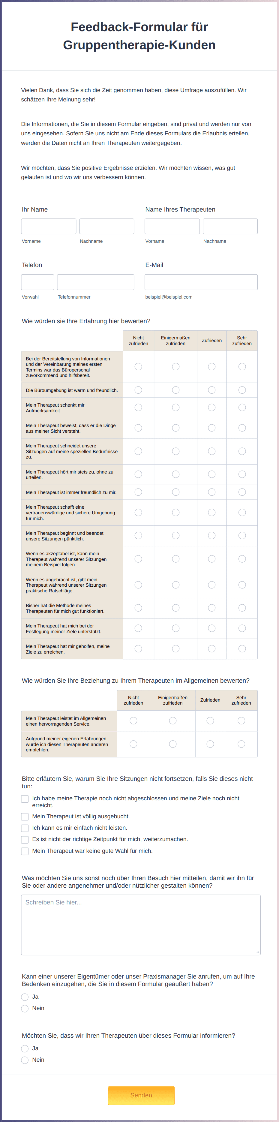 Feedback Formular für Gruppentherapie Kunden Formularvorlage | Jotform