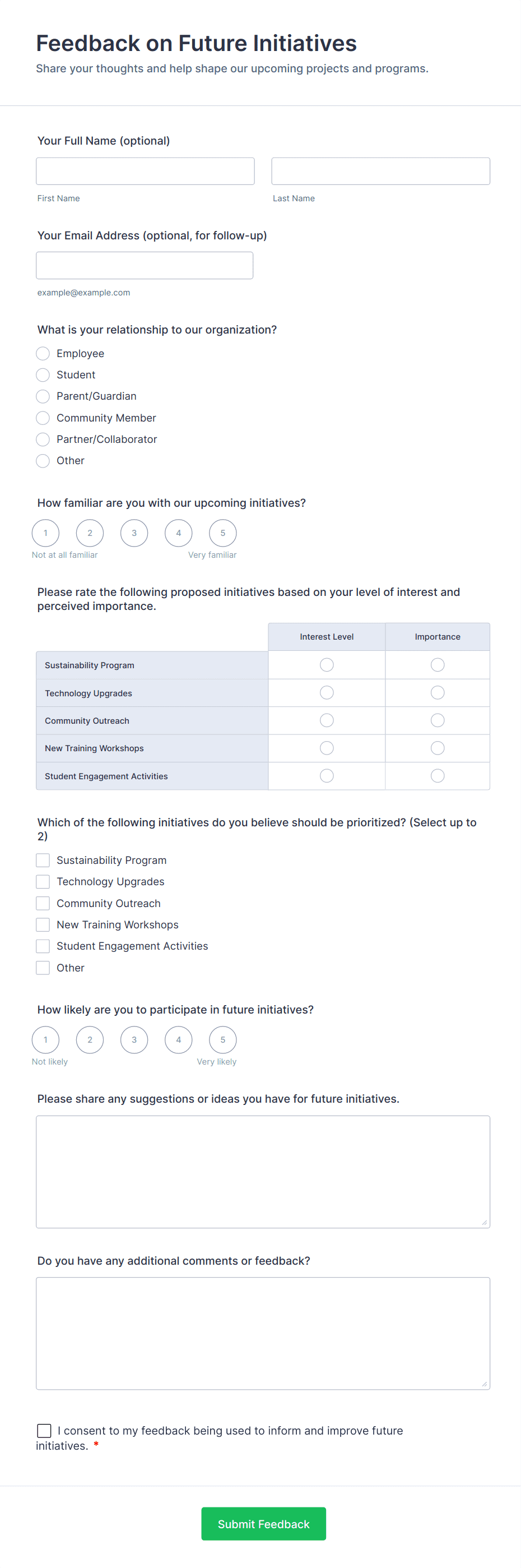 Feedback on Future Initiatives Form Template | Jotform
