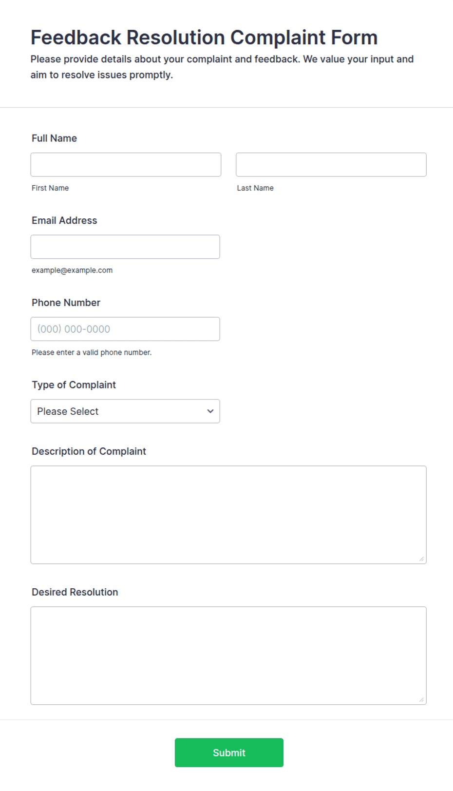 Feedback Resolution Complaint Form Template | Jotform