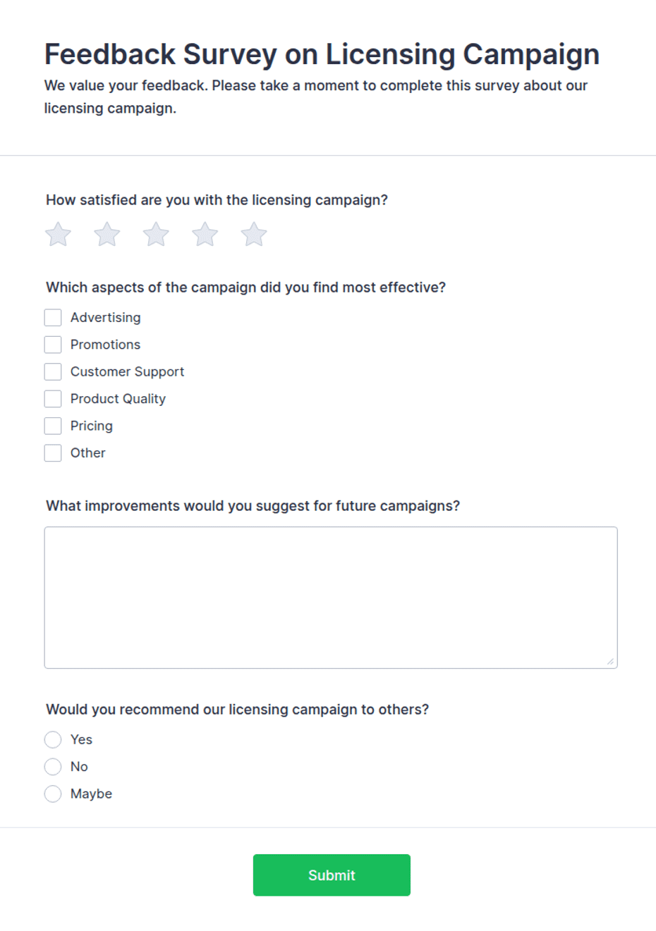 Feedback Survey on Licensing Campaign Form Template | Jotform