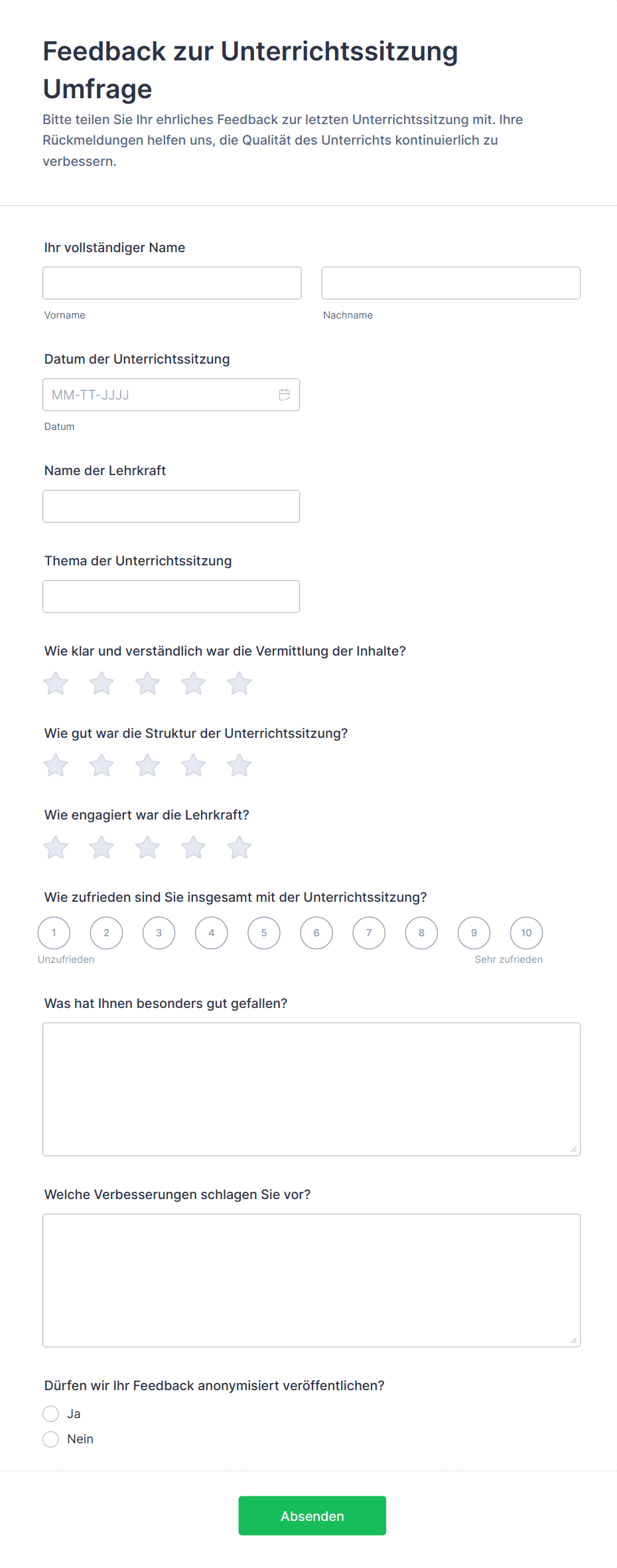 Feedback zur Unterrichtssitzung Umfrage Formularvorlage | Jotform