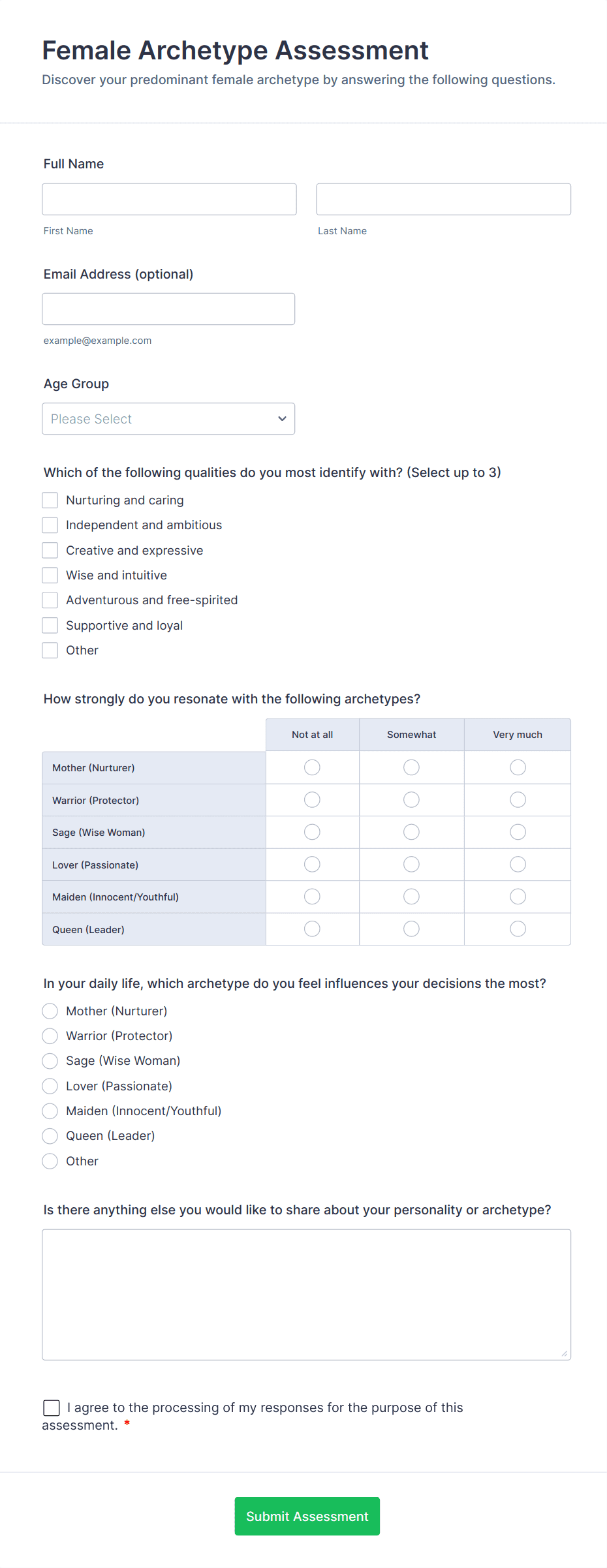 Female Archetype Assessment Form Template | Jotform