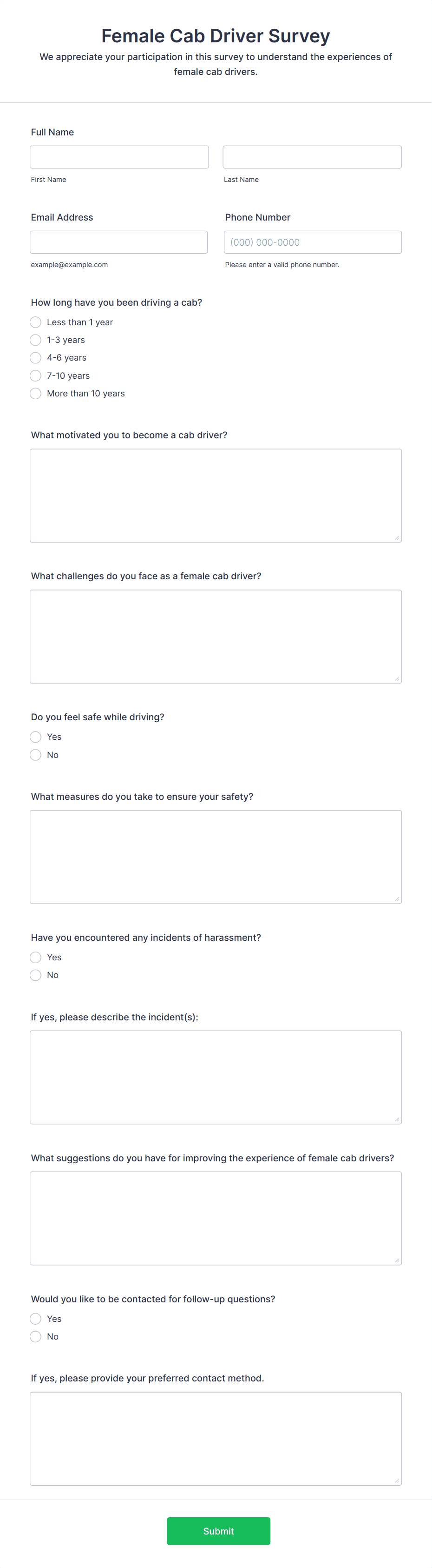 Female Cab Driver Survey Form Template | Jotform