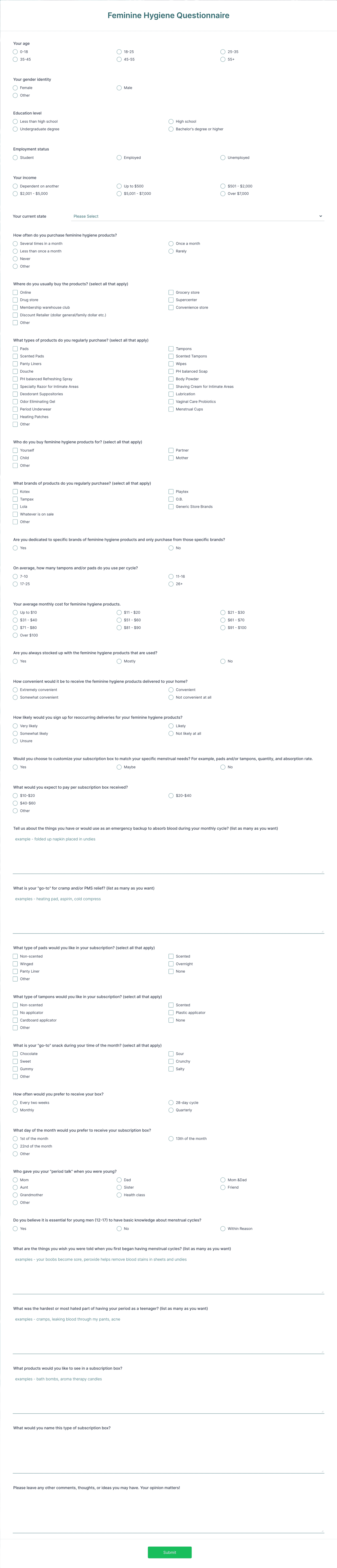 Feminine Hygiene Questionnaire Form Template | Jotform