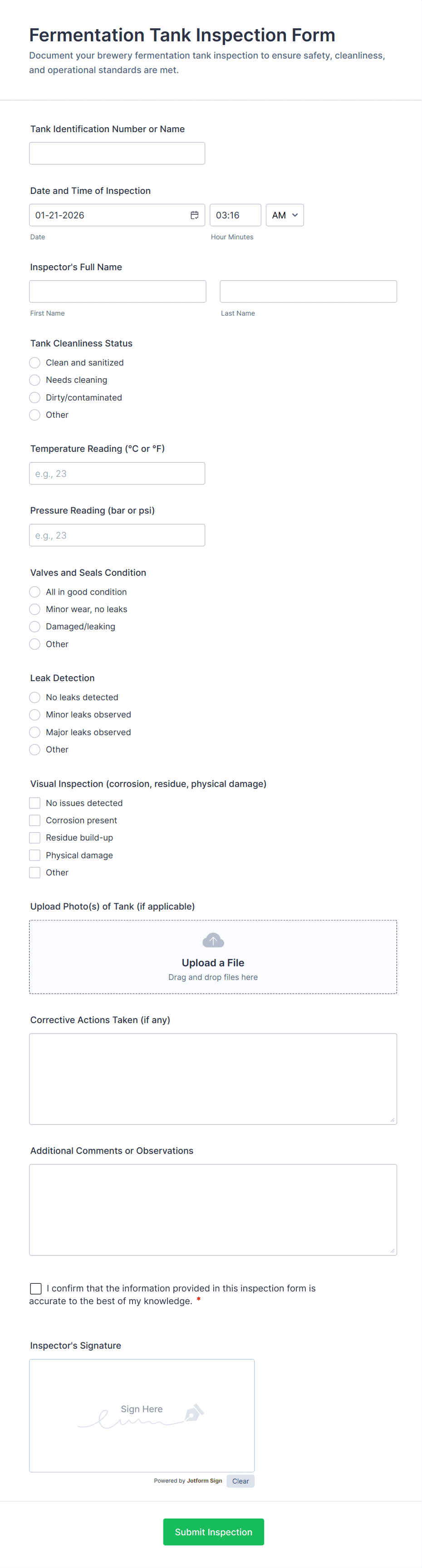 Fermentation Tank Inspection Form Template | Jotform