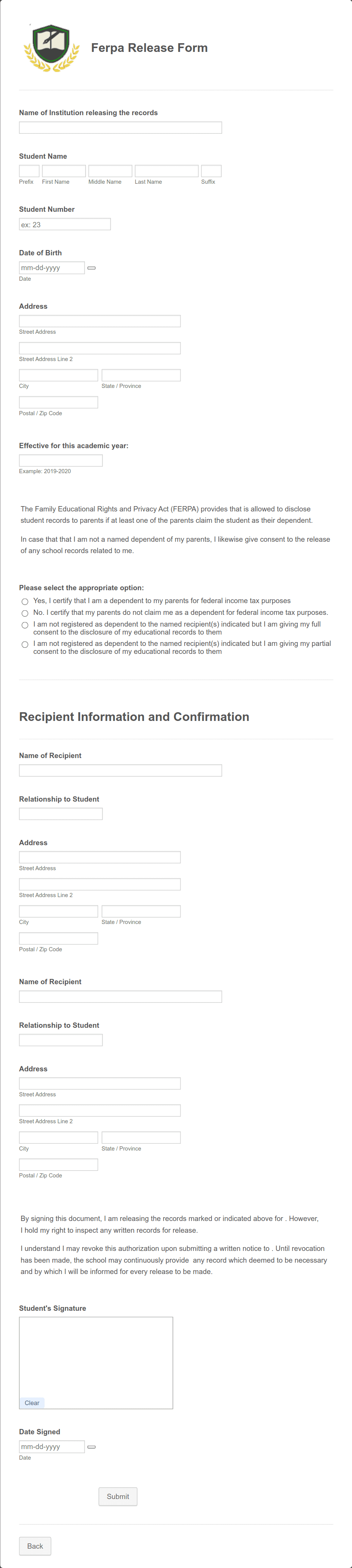 Ferpa Release Form Template | Jotform