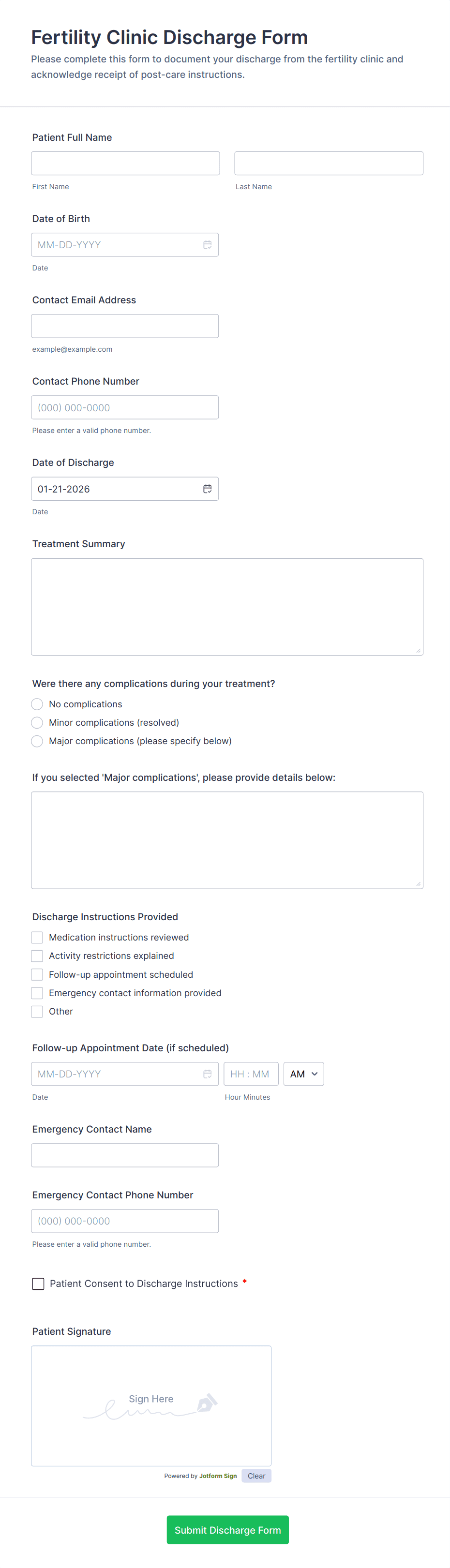 Fertility Clinic Discharge Form Template | Jotform