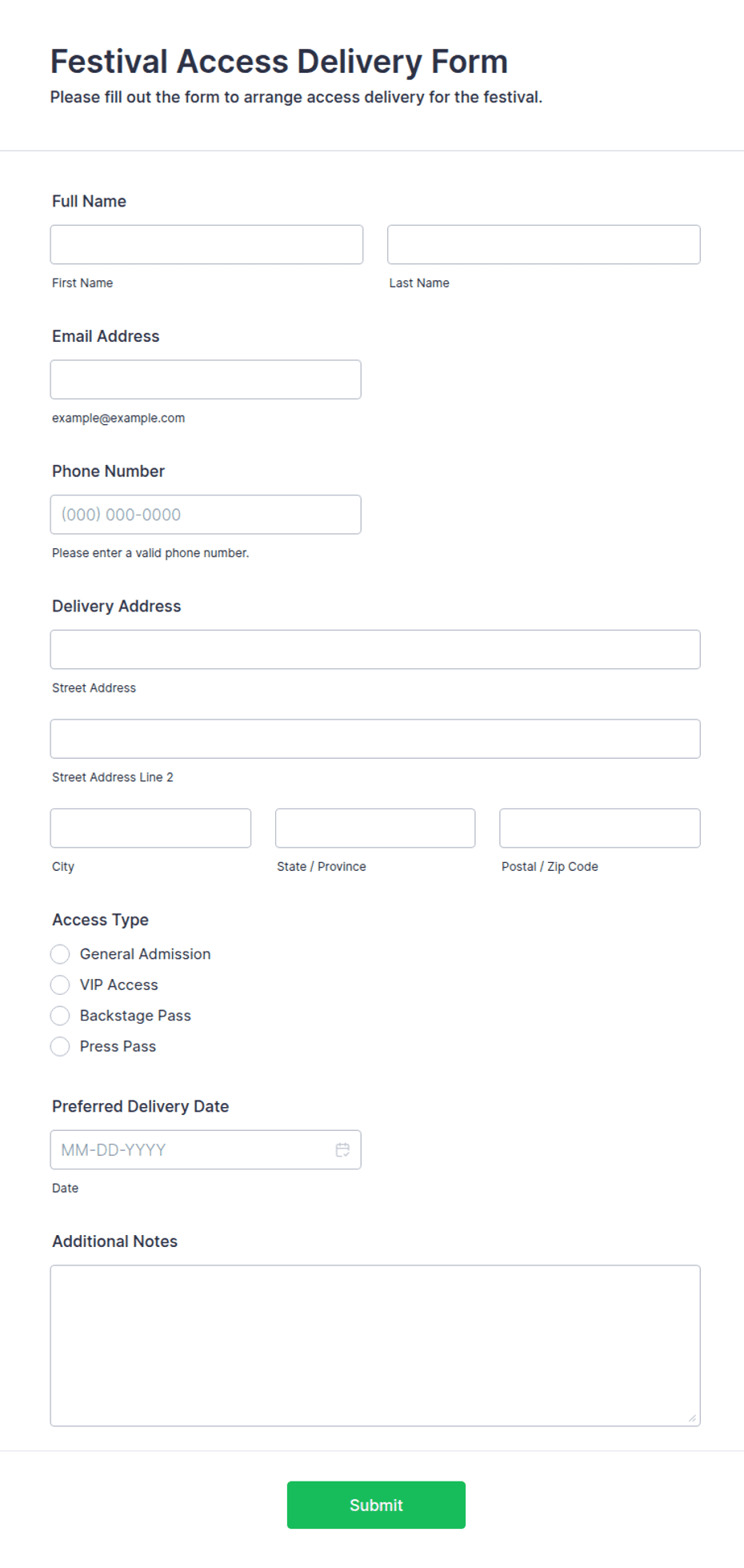 Festival Access Delivery Form Template | Jotform