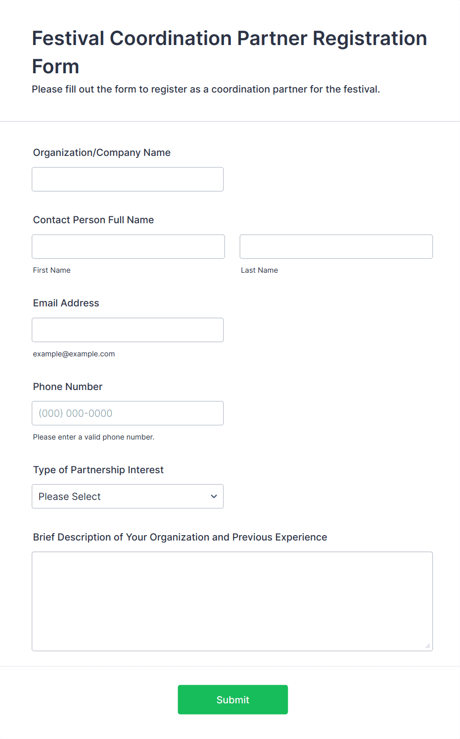 Festival Coordination Partner Registration Form Template | Jotform