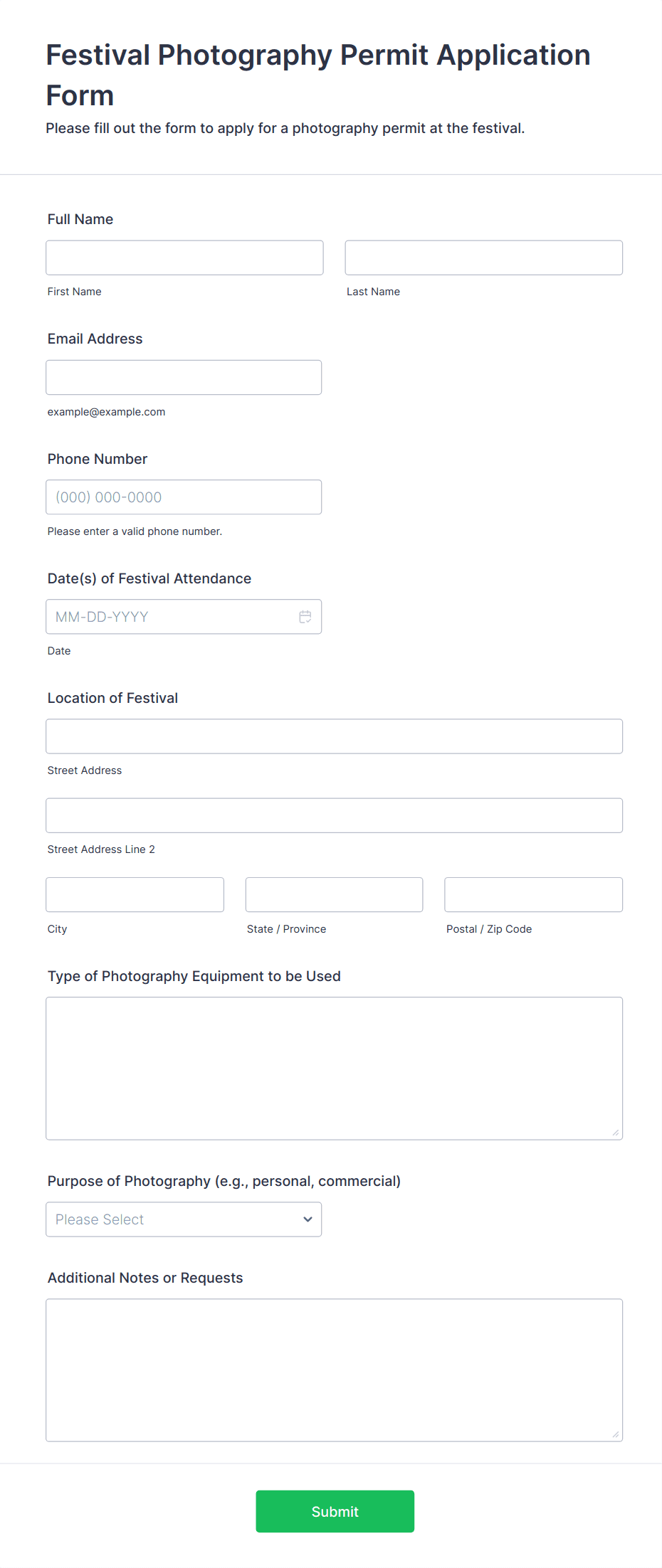 Festival Photography Permit Application Form Form Template | Jotform
