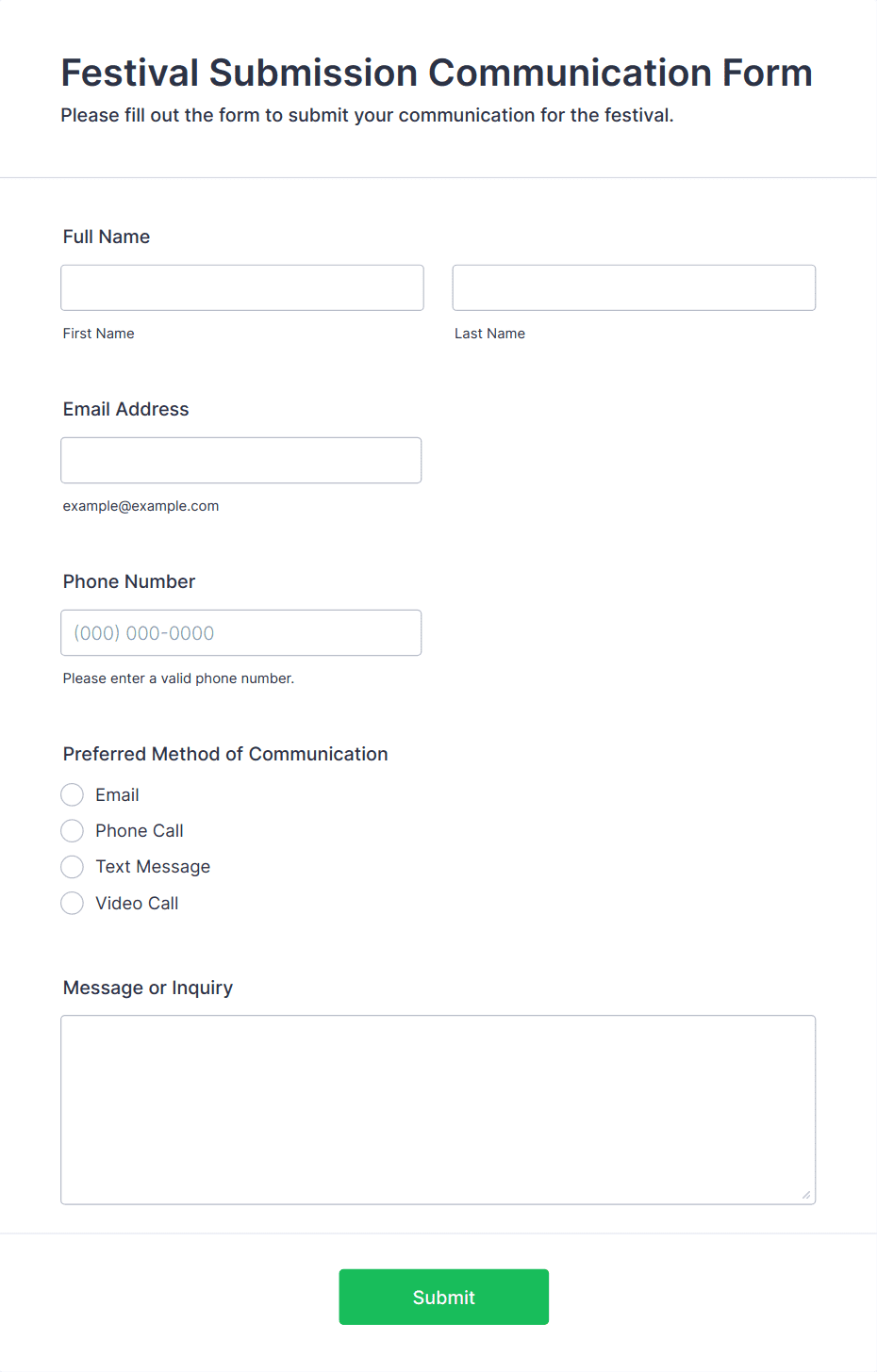 Festival Submission Communication Form Template | Jotform