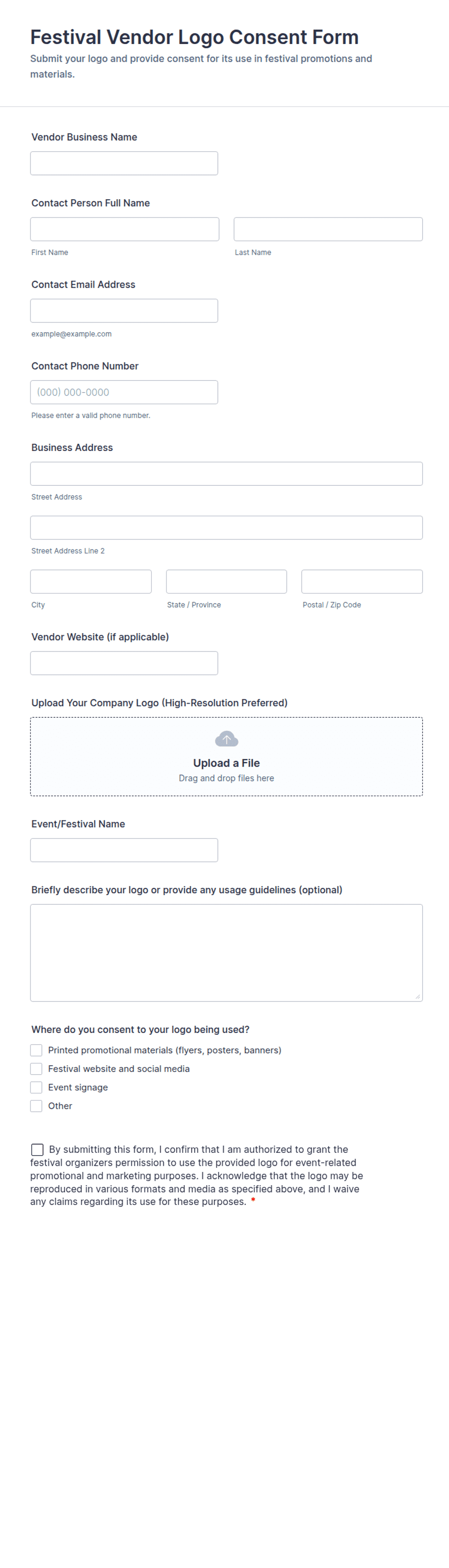 Festival Vendor Logo Consent Form Template | Jotform