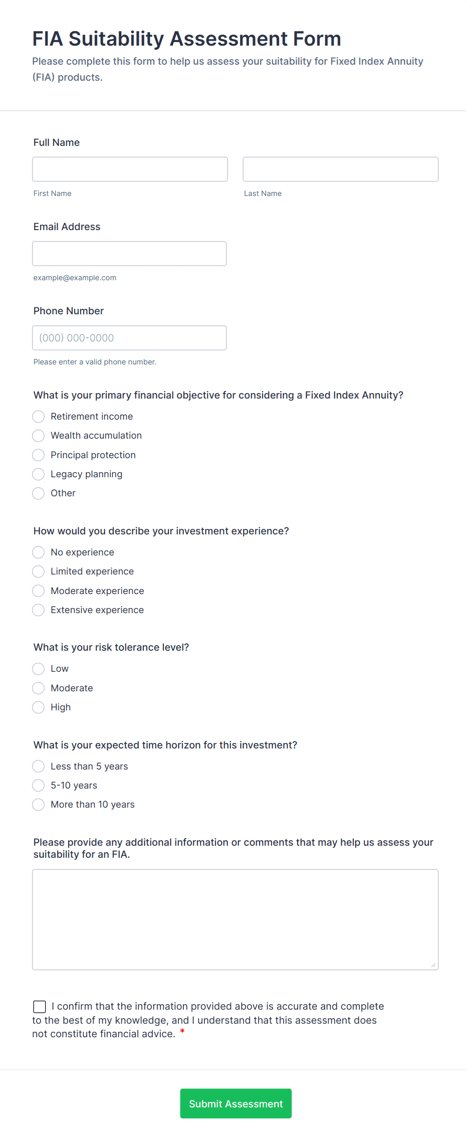FIA Suitability Assessment Form Template | Jotform