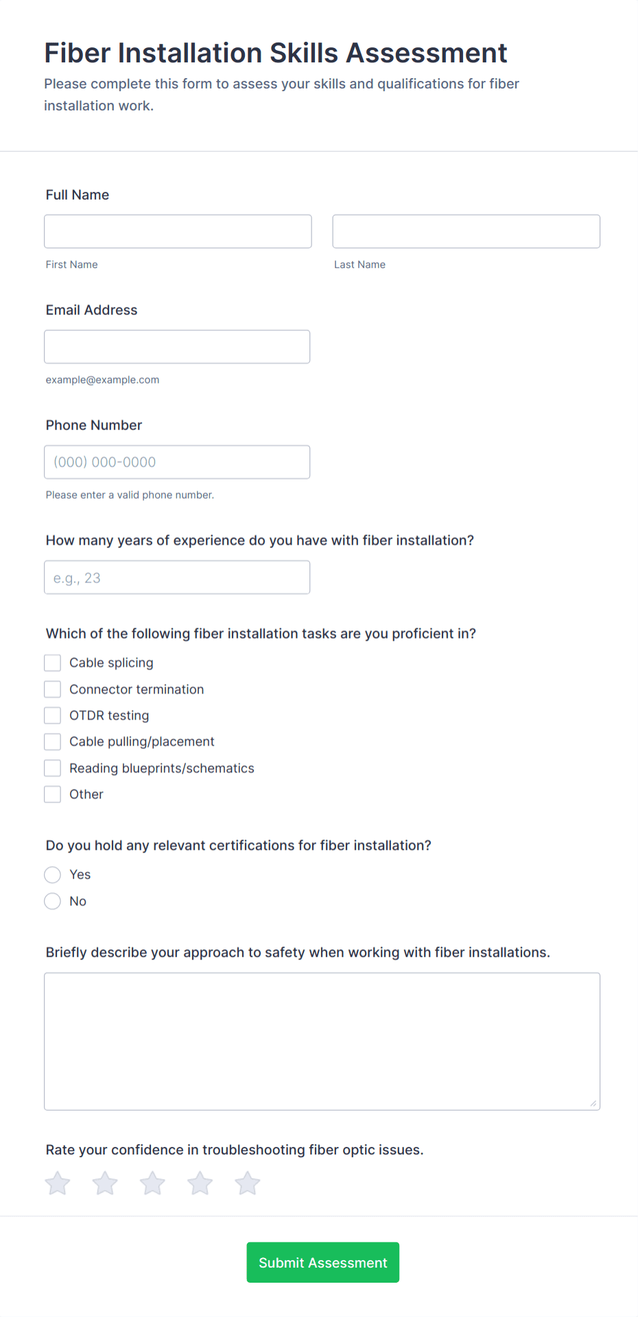 Fiber Installation Skills Assessment Form Template | Jotform