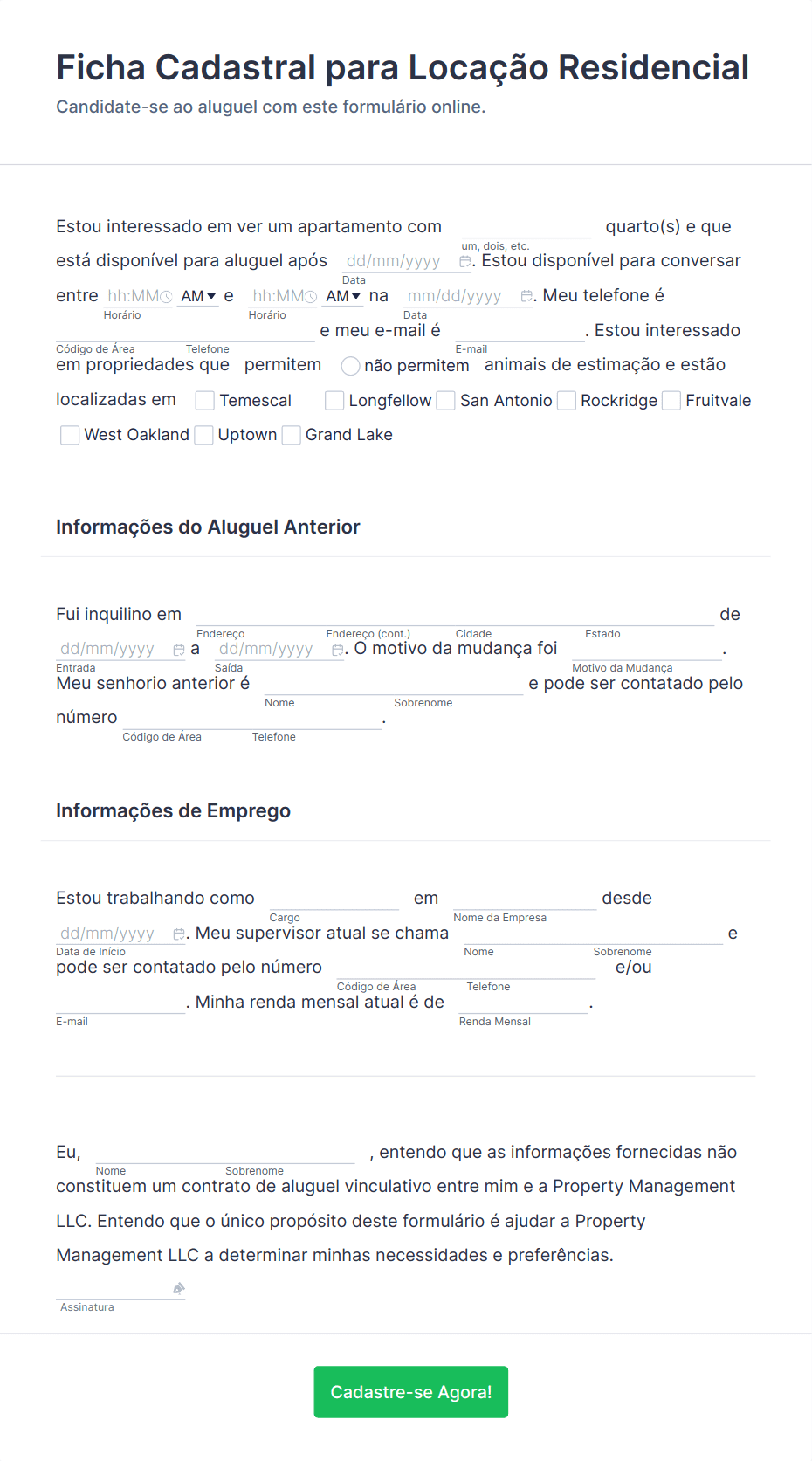 Ficha Cadastral para Locação Residencial Modelo de Formulário | Jotform