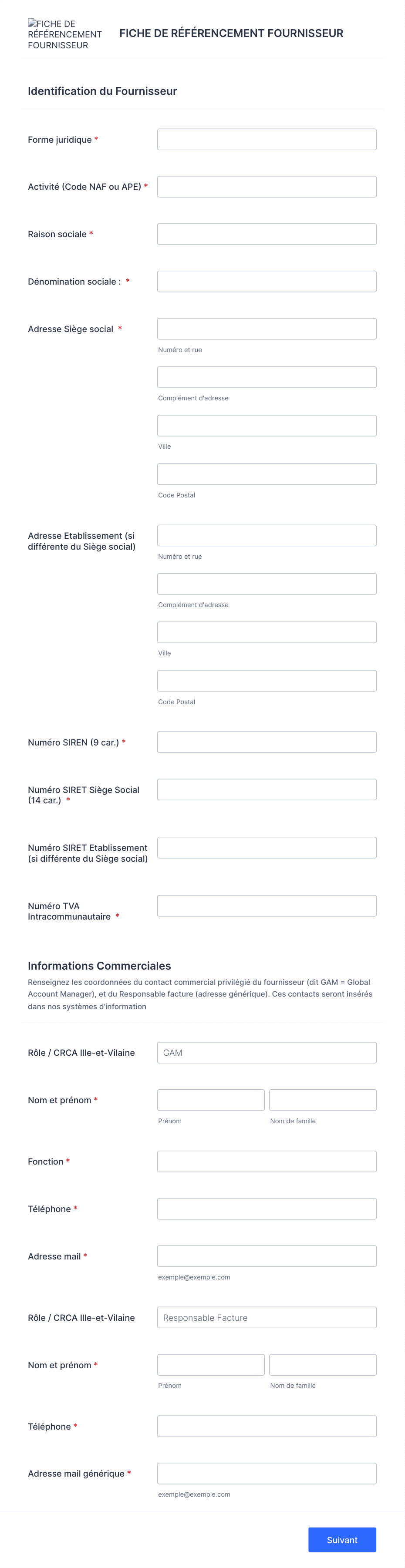 Fiche De Référencement Fournisseur Modèle du formulaire | Jotform