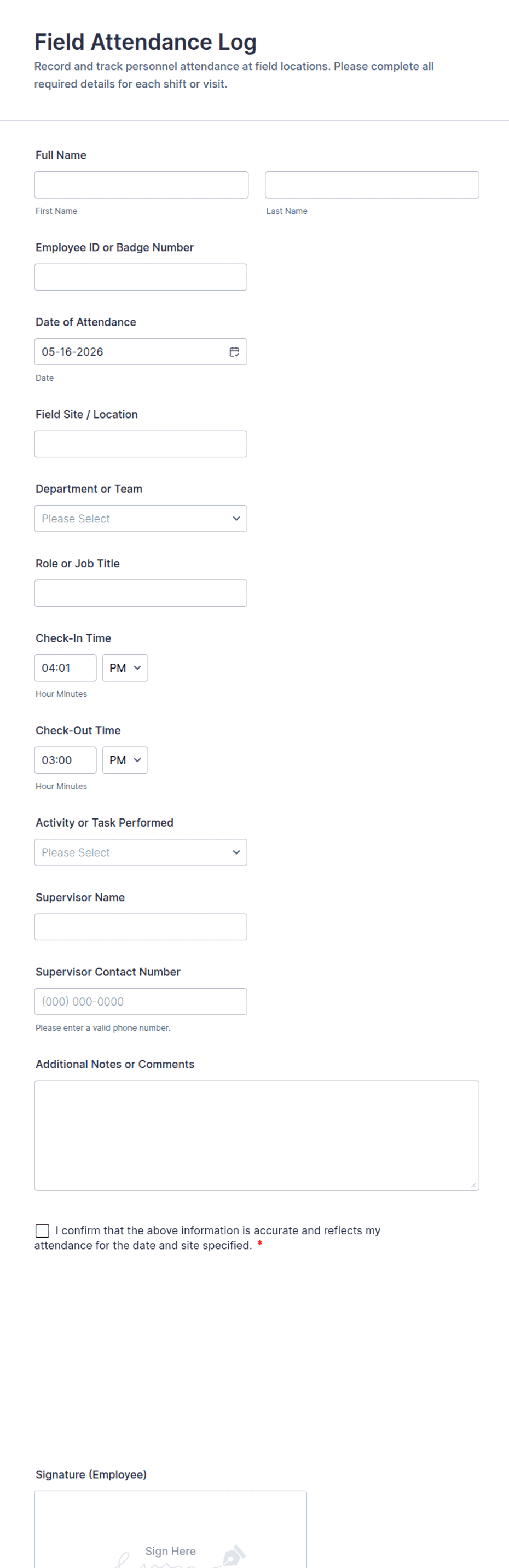 Field Attendance Log Form Template | Jotform