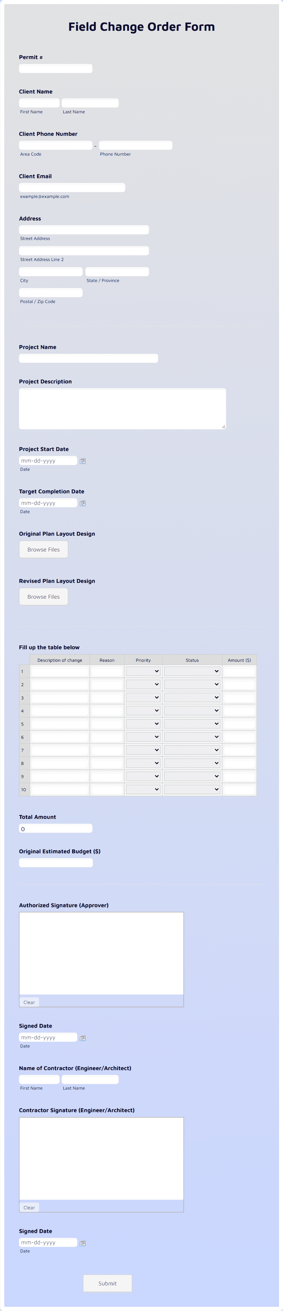 Field Change Order Form Template | Jotform