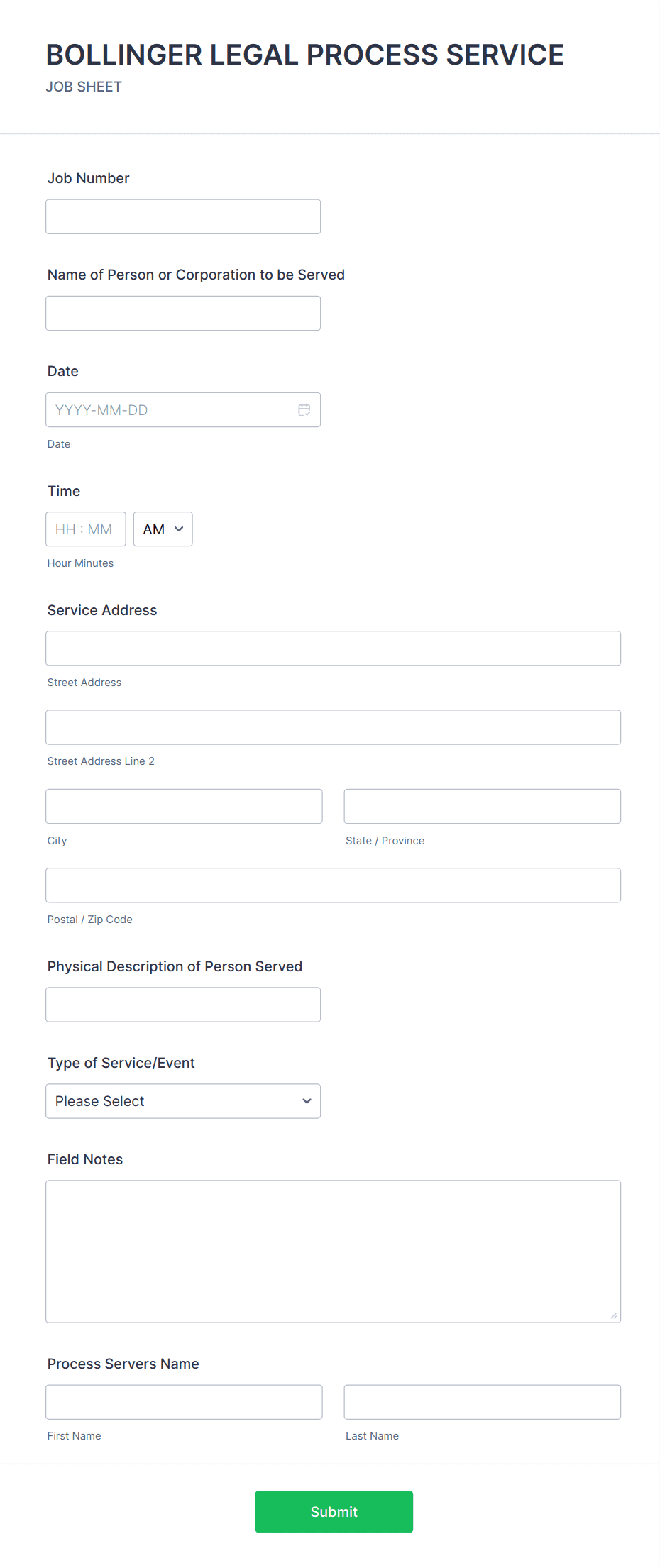 Legal Process Service Job Form Template | Jotform