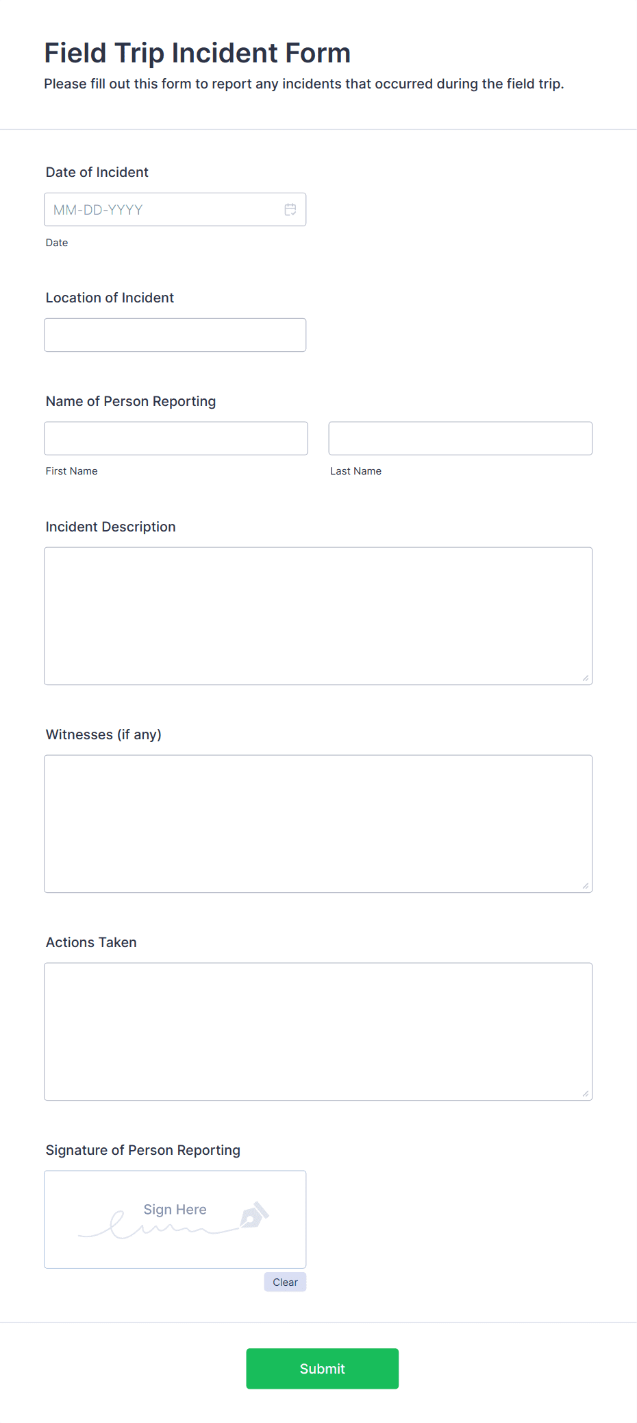 Field Trip Incident Form Template | Jotform