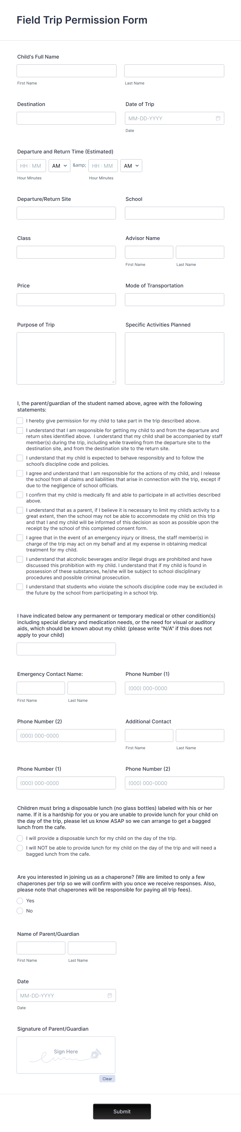 Field Trip Permission Form Template | Jotform