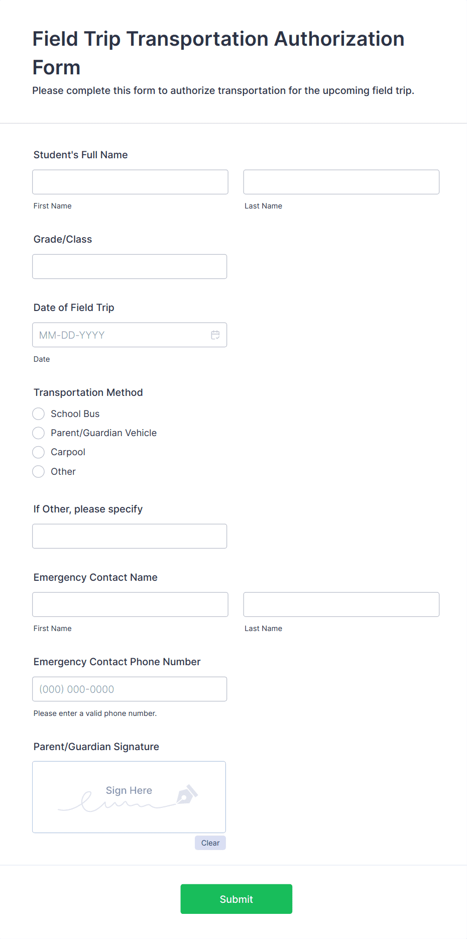 Field Trip Transportation Authorization Form Template | Jotform