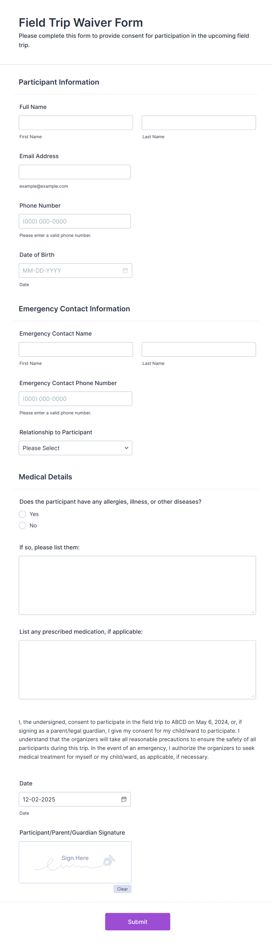 Field Trip Waiver Form Template | Jotform