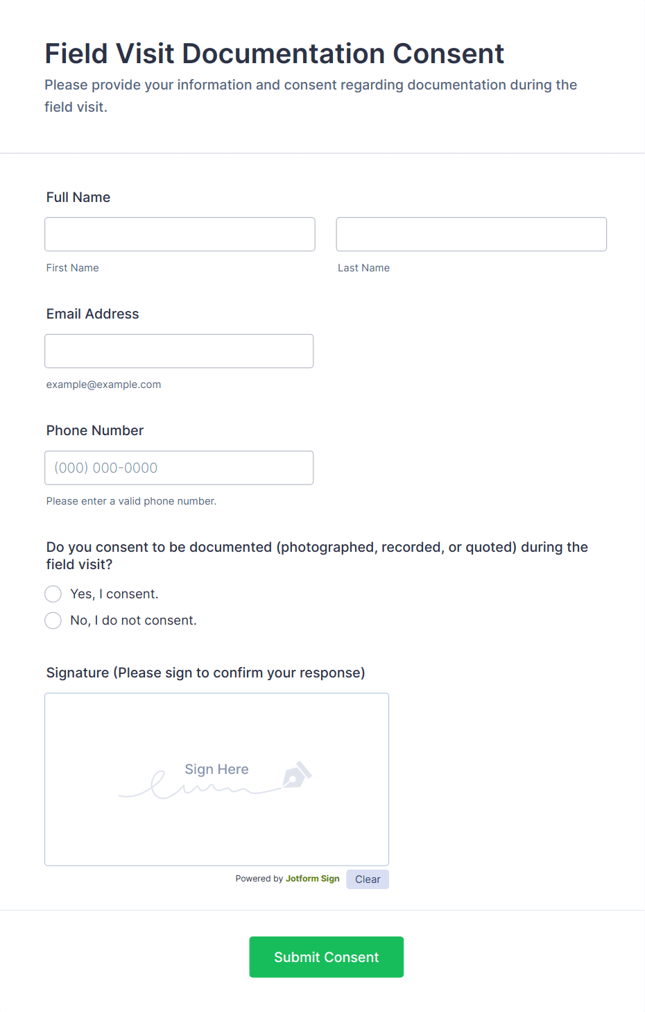 Field Visit Documentation Consent Form Template | Jotform