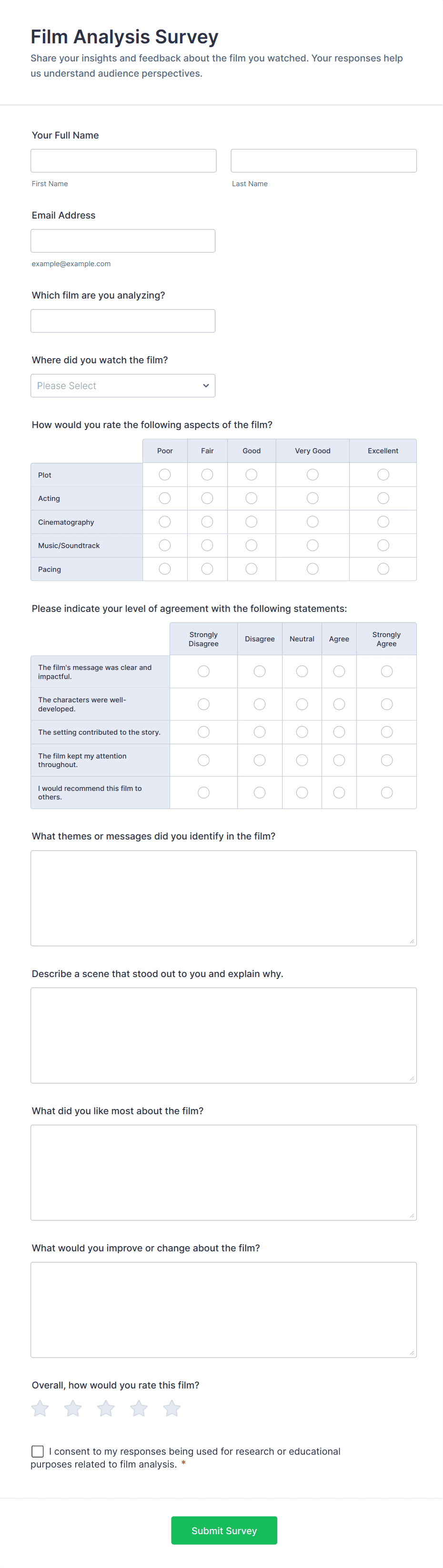 Film Analysis Survey Form Template | Jotform