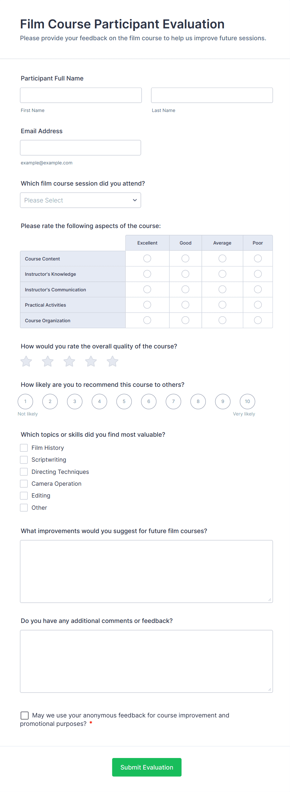 Film Course Participant Evaluation Form Template | Jotform