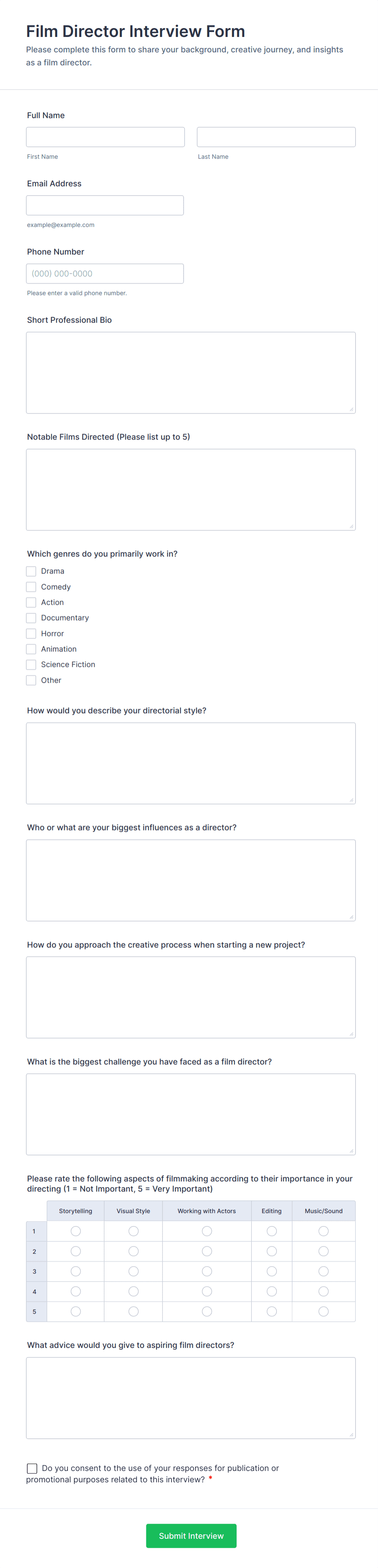 Film Director Interview Form Template | Jotform