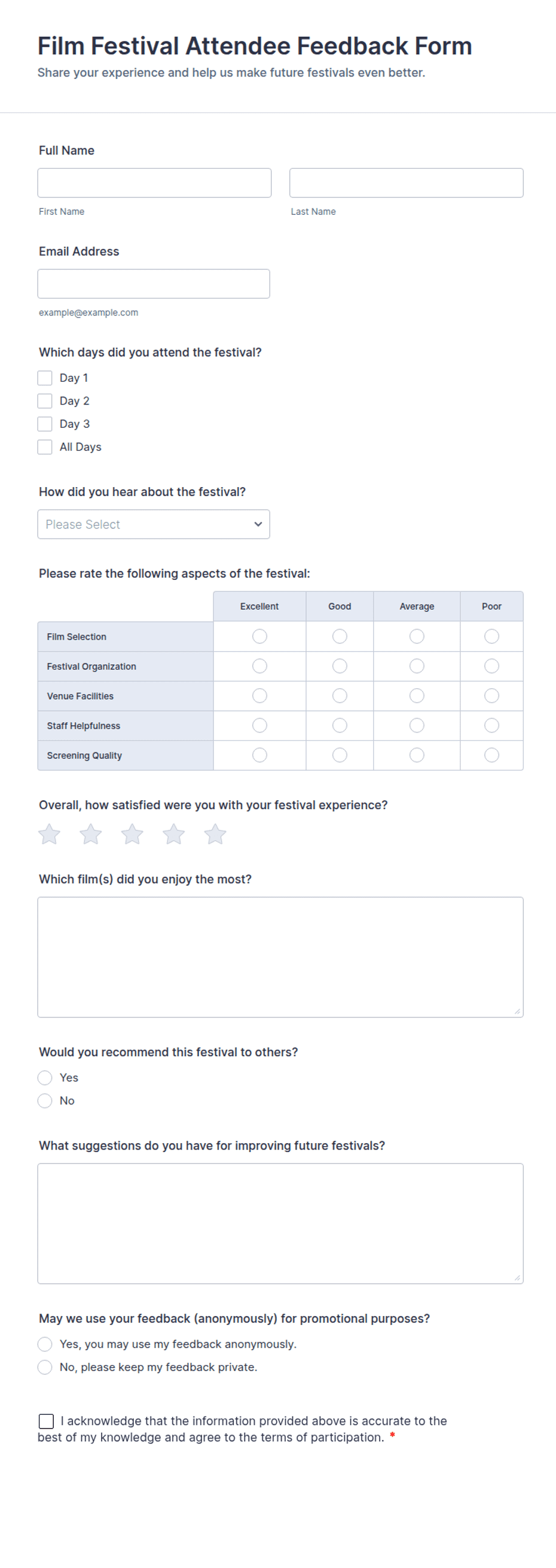 Film Festival Attendee Feedback Form Template | Jotform