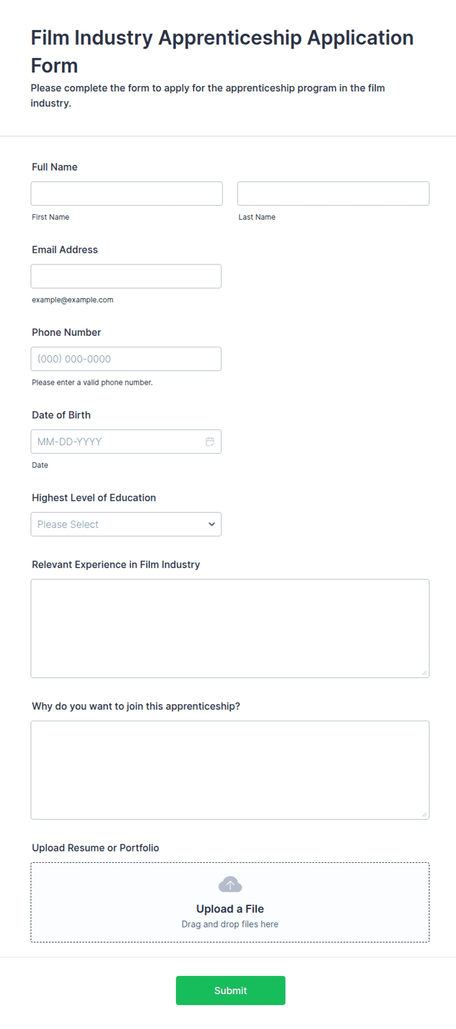 Film Industry Apprenticeship Application Form Template | Jotform