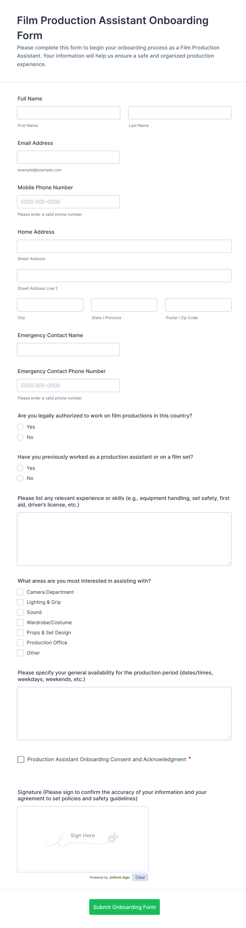 Film Production Assistant Onboarding Form Form Template | Jotform