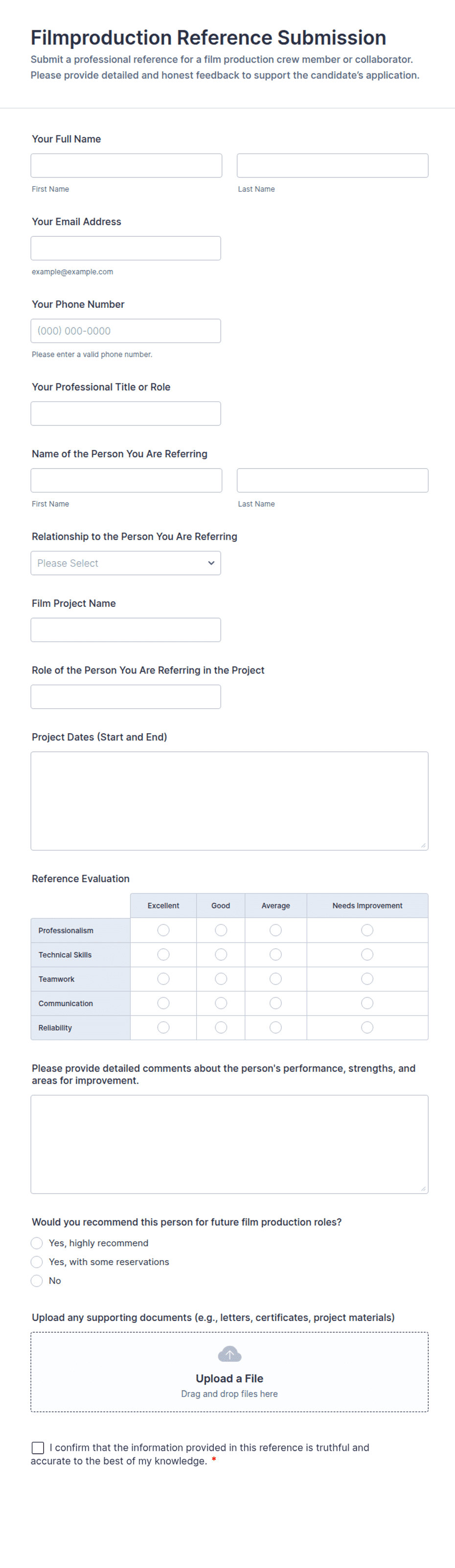 Film Production Reference Submission Form Template | Jotform