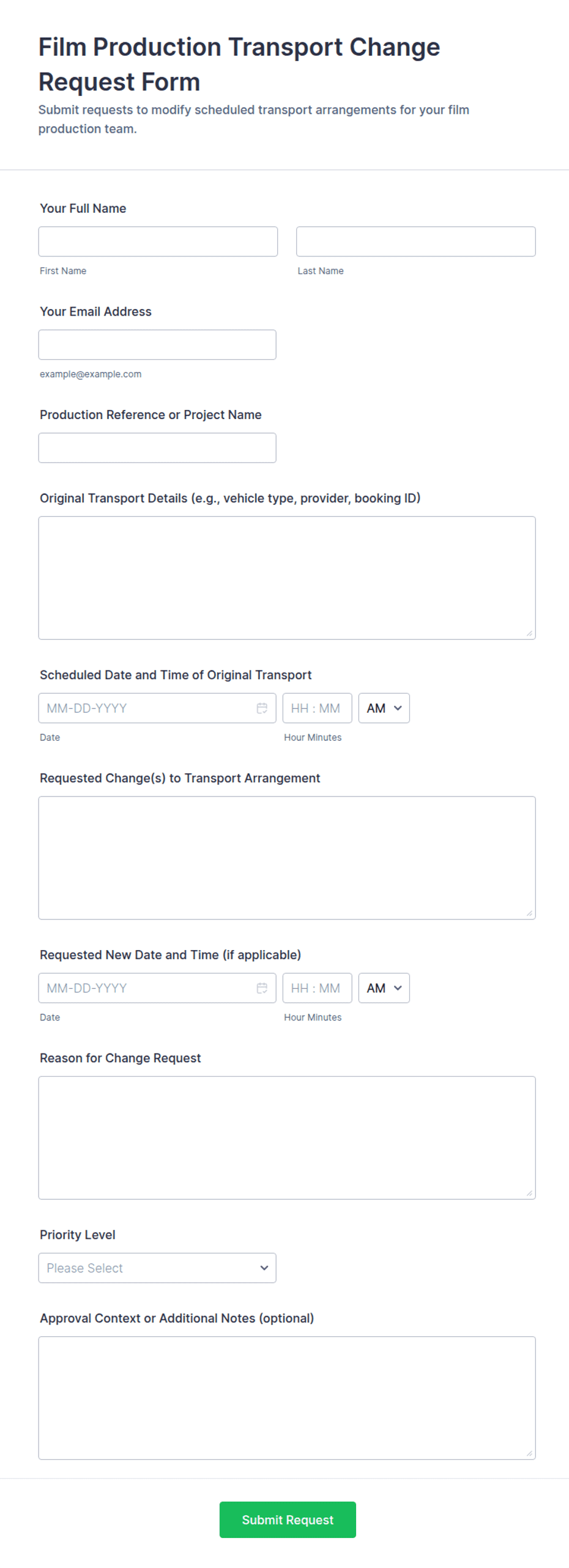 Film Production Transport Change Request Form Template | Jotform