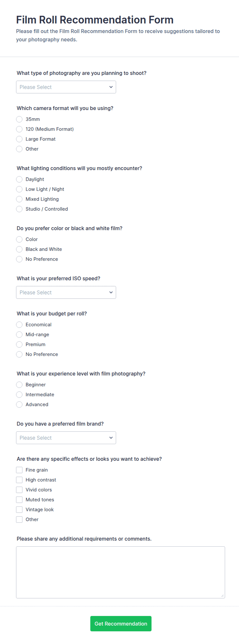 Film Roll Recommendation Form Template | Jotform