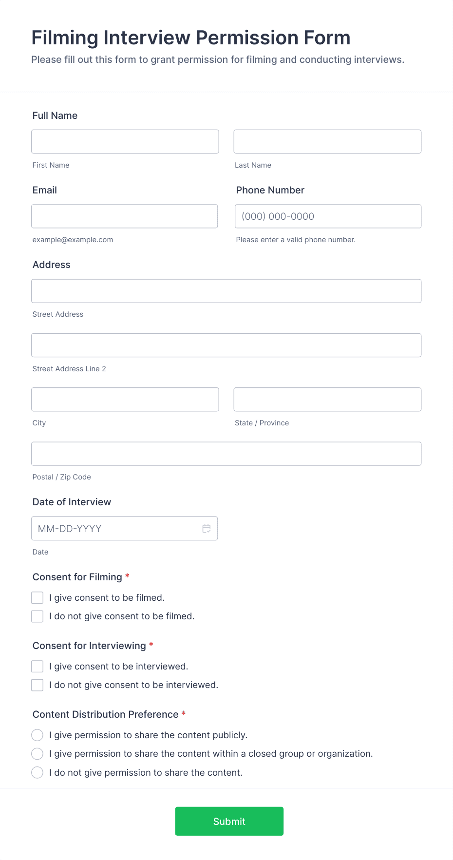 Filming Interview Permission Form Template | Jotform