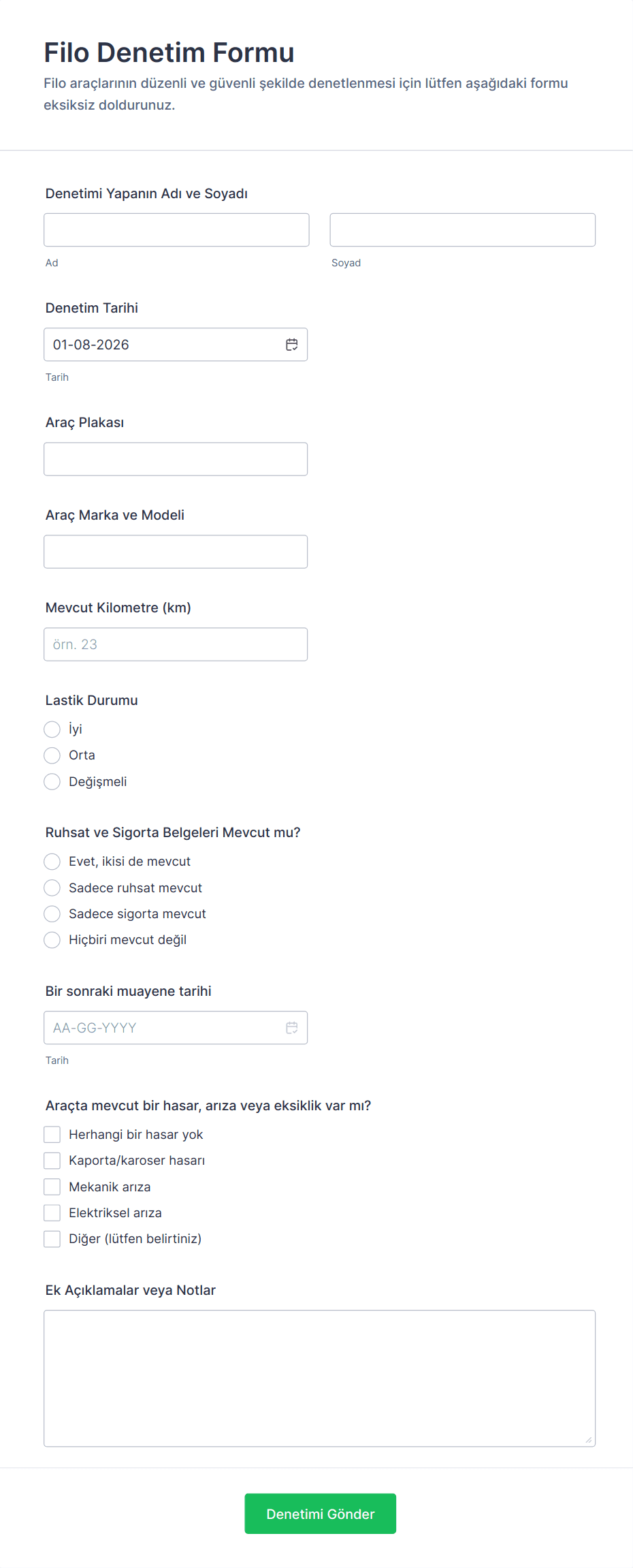 Filo Denetim Form Şablonu | Jotform