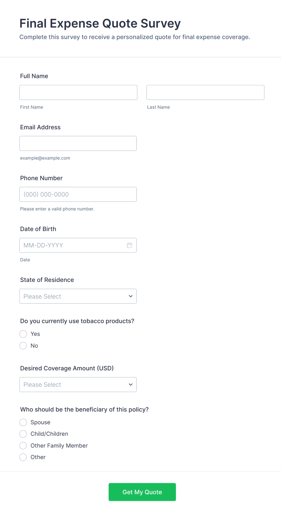 Final Expense Quote Survey Form Template | Jotform