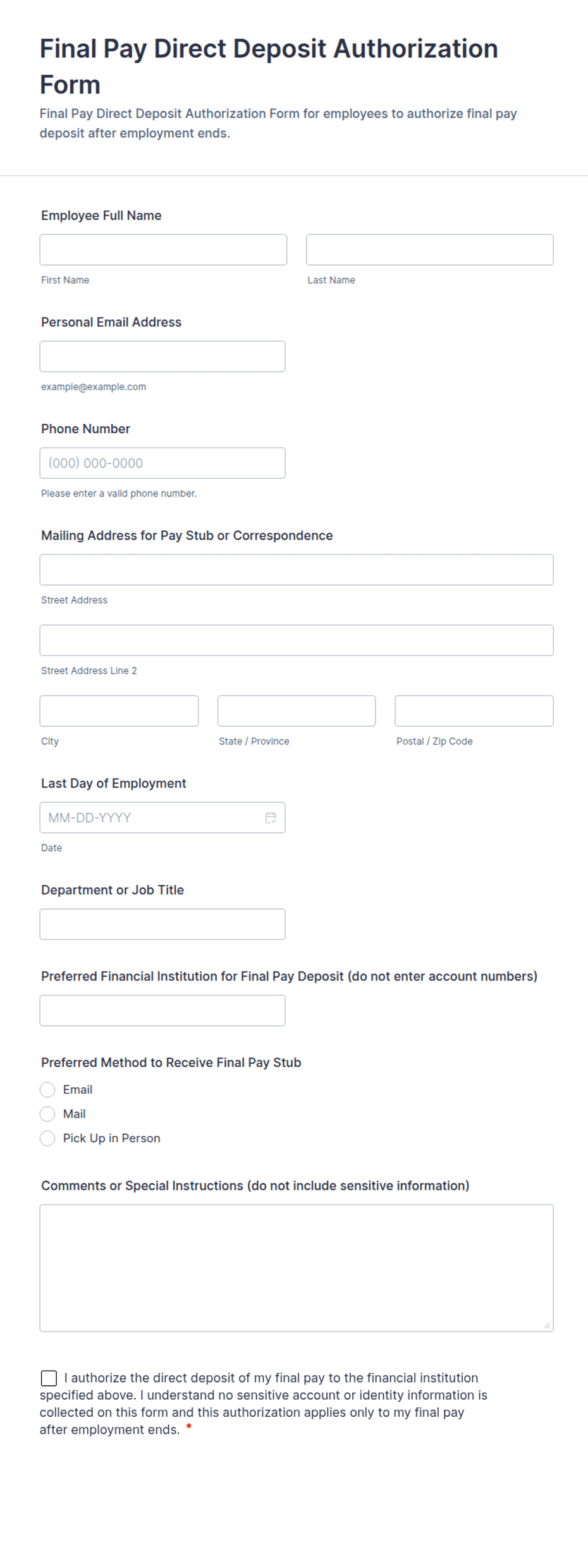 Final Pay Direct Deposit Authorization Form Template | Jotform