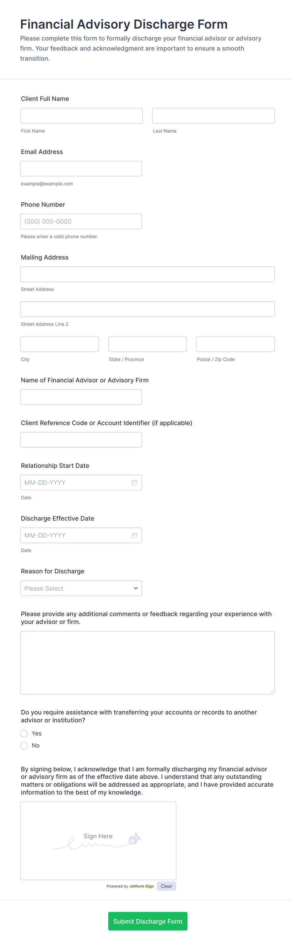 Financial Advisory Discharge Form Form Template | Jotform