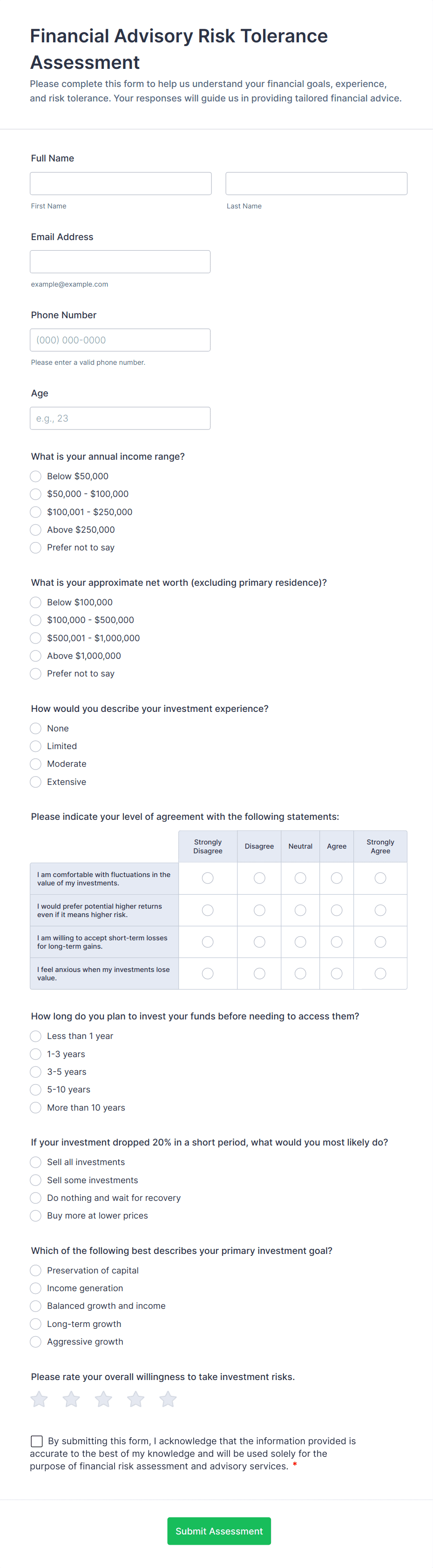 Financial Advisory Risk Tolerance Assessment Form Template | Jotform