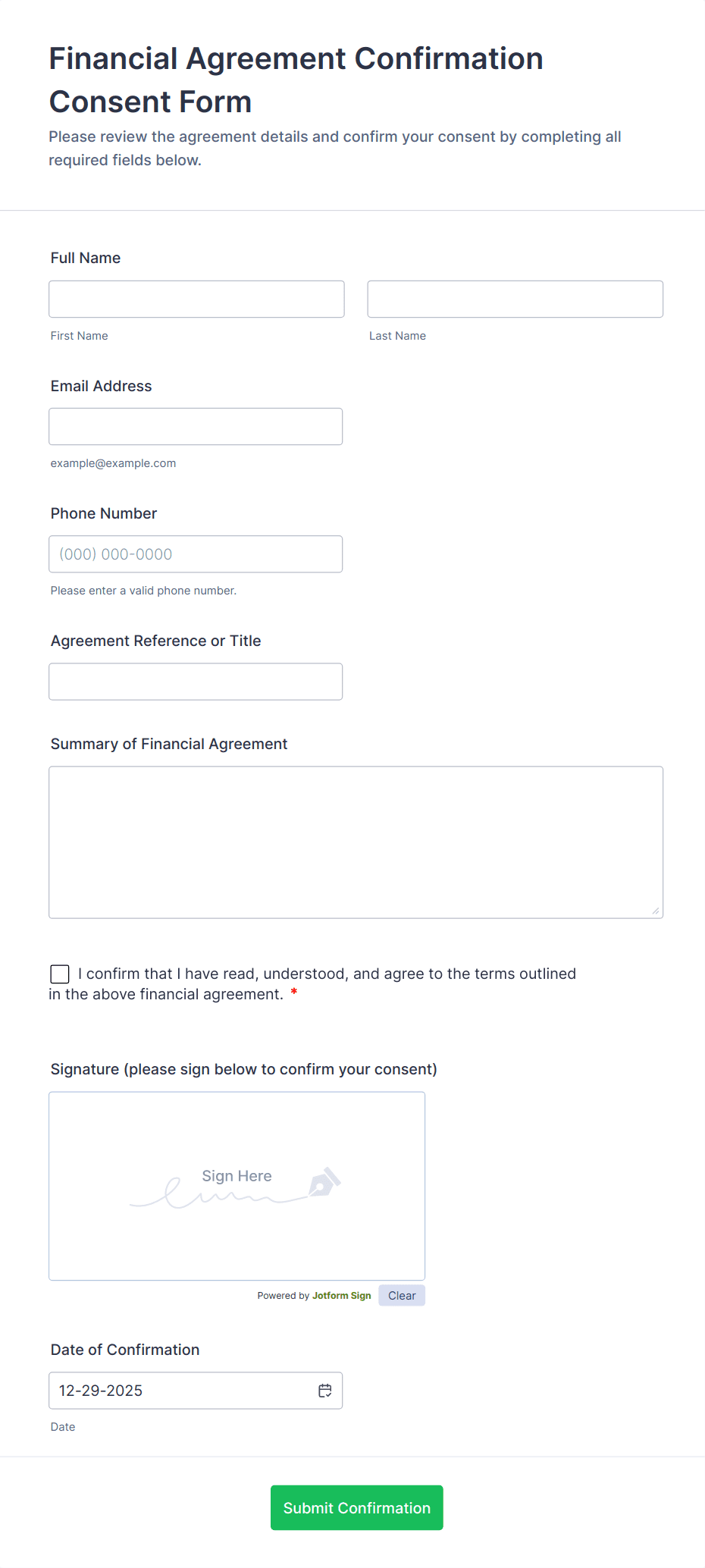 Financial Agreement Confirmation Consent Form Template | Jotform